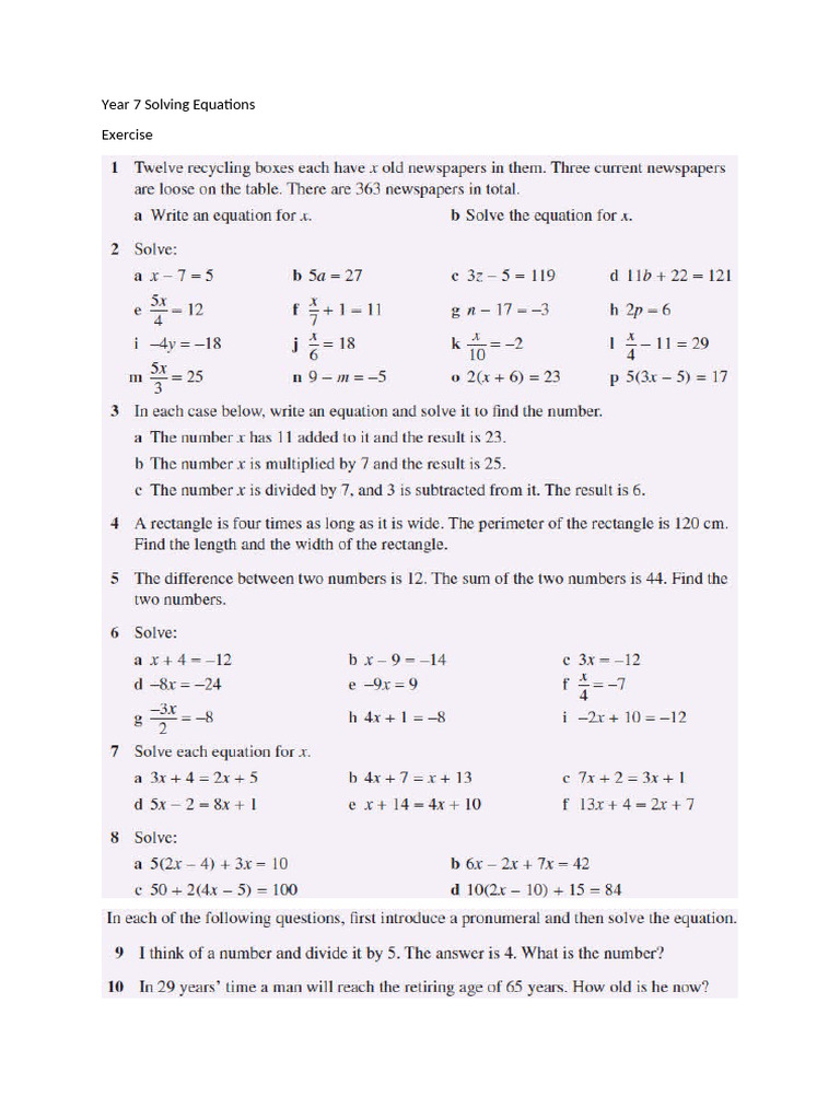 Year 7 Solving Equations Q&A | PDF