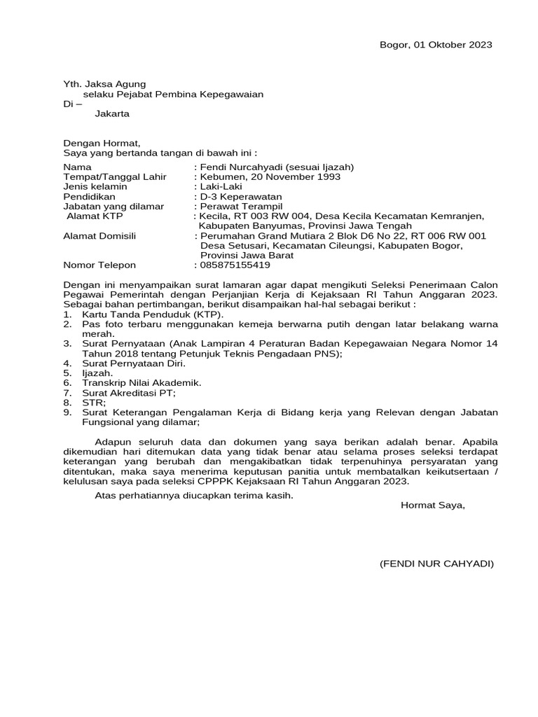 Surat Lamaran - Pelamar CPPPK Kejaksaan RI - FENDI NURCAHYADI | PDF