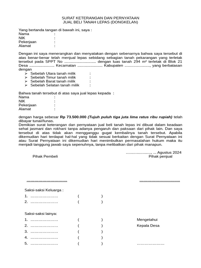 Surat Jual Beli Tanah Lepas | PDF
