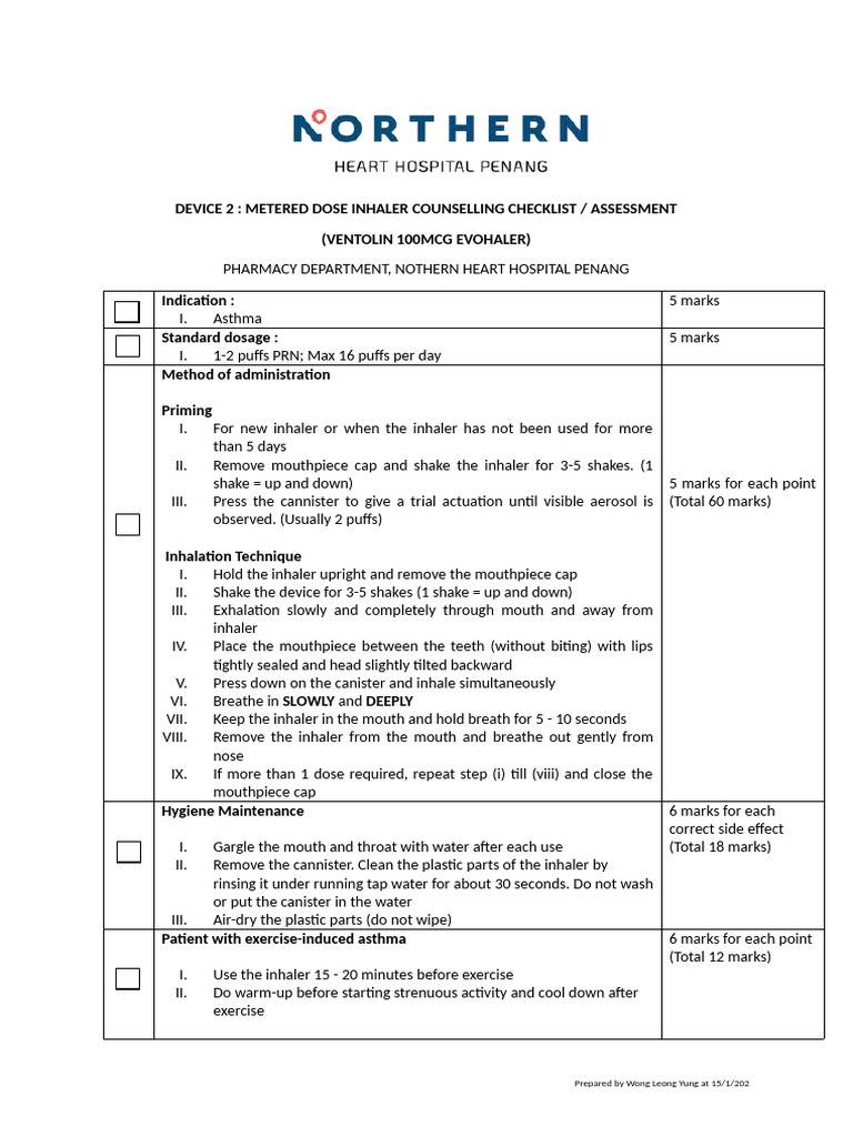 Metered Dose Inhaler Counselling Checklist | PDF | Medical Specialties ...