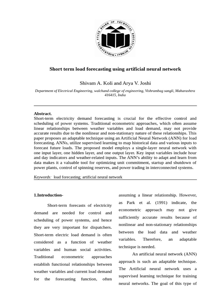 Load Forecasting Using Artificial Neural Network Pdf Applied