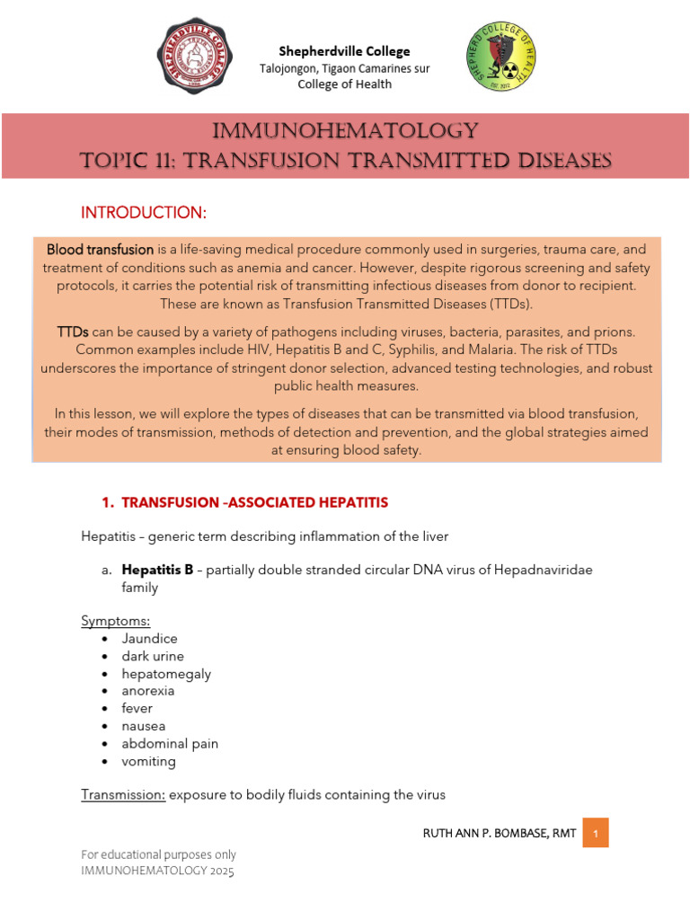 BB-MODULE 11 Transfusion Transmitted Disease | PDF | Hepatitis | Hepatitis B