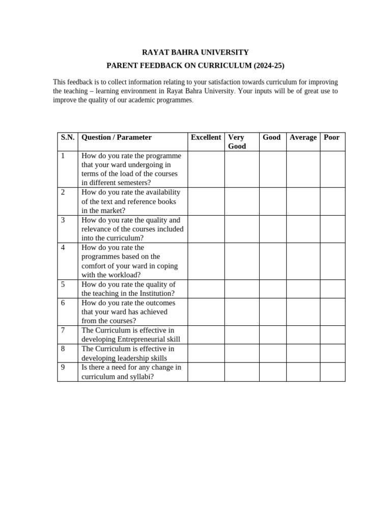 Parent Feedback Form Format | PDF