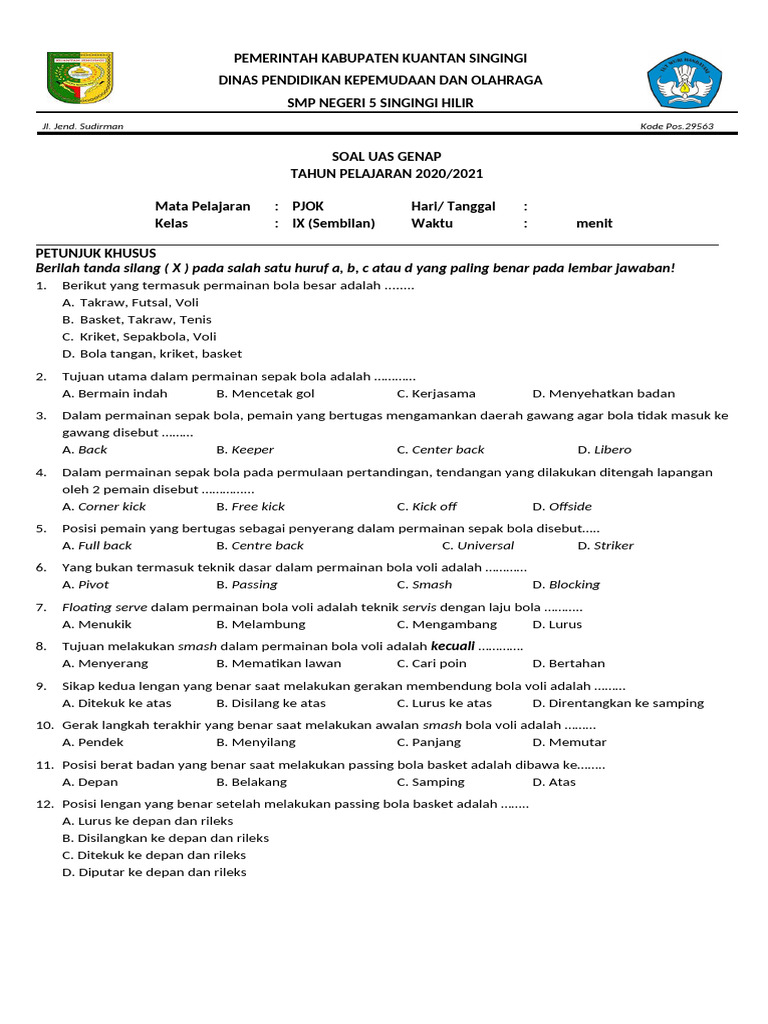 Soal UAS Genap 20-21 PJOK Kelas 9 | PDF