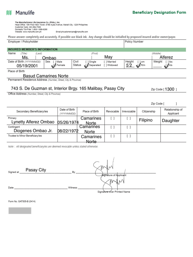 Beneficiary Designation Form 2019 - Fillable Insured Date of Birth ...