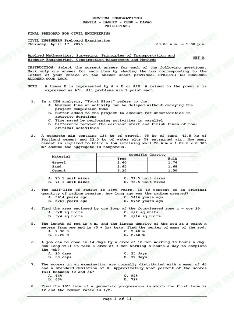 2025 April Preboard 3-Math | PDF | Concrete | Porosity