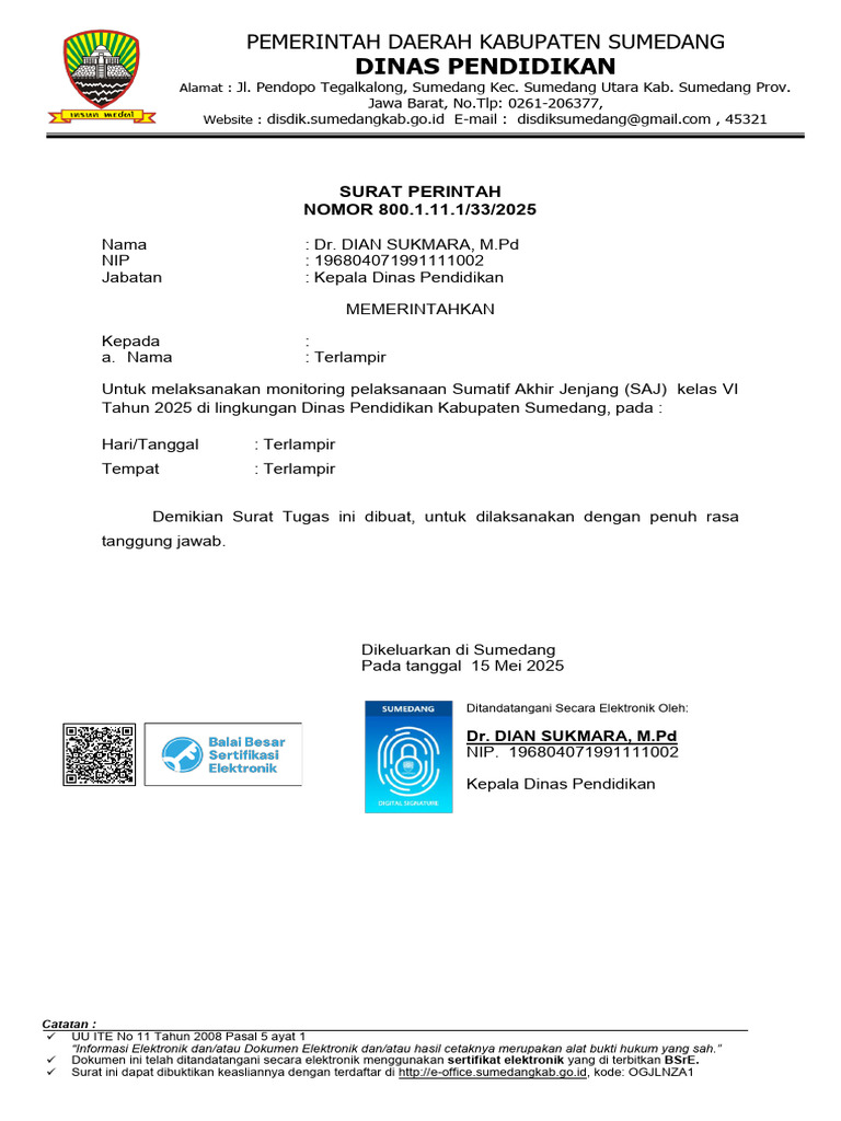 Surat Tugas Monev SAJ 2025 | PDF