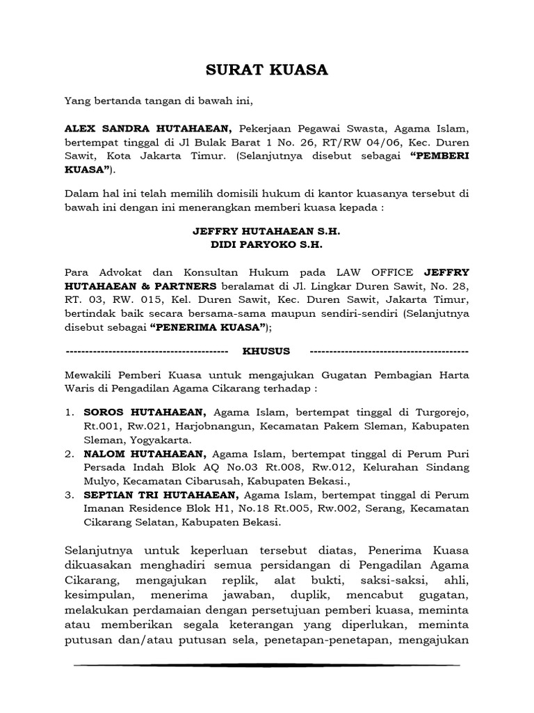 Surat Kuasa Alex Sandra Hutahaean | PDF