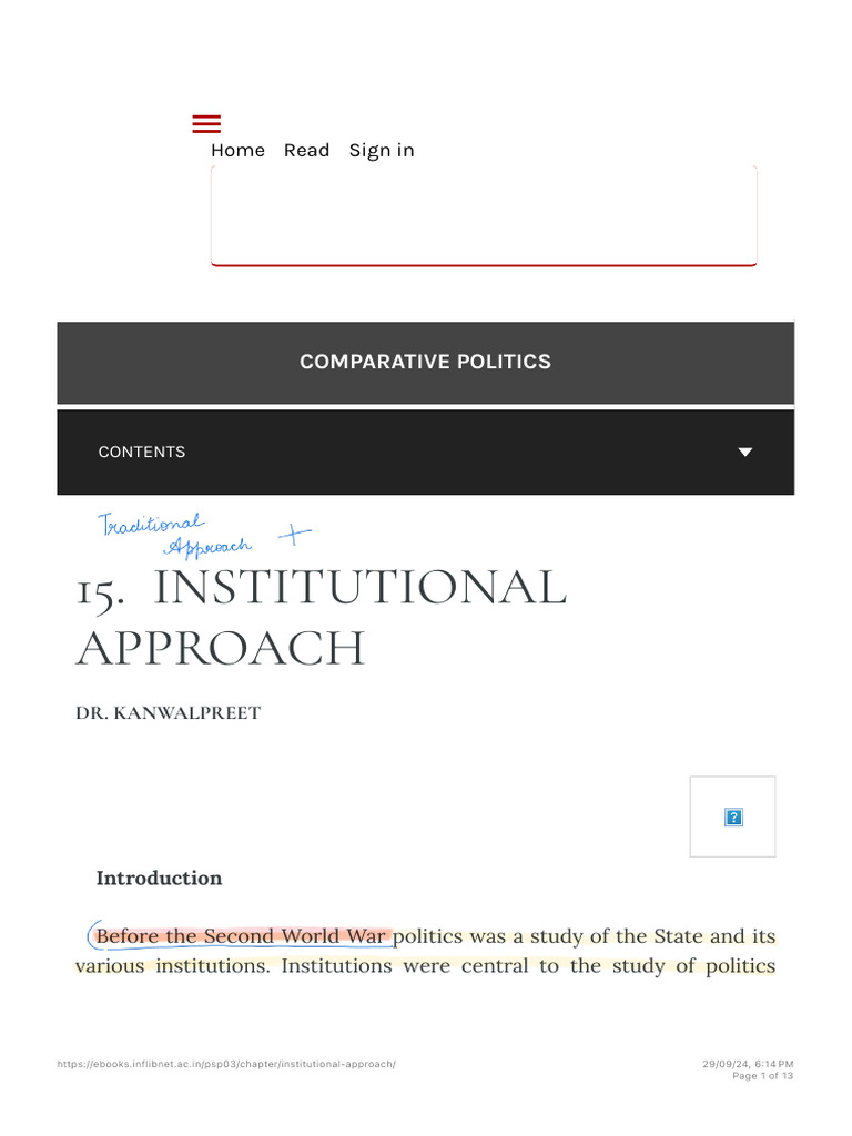 INSTITUTIONAL APPROACH - Comparative Politics | PDF | Institution | Theory