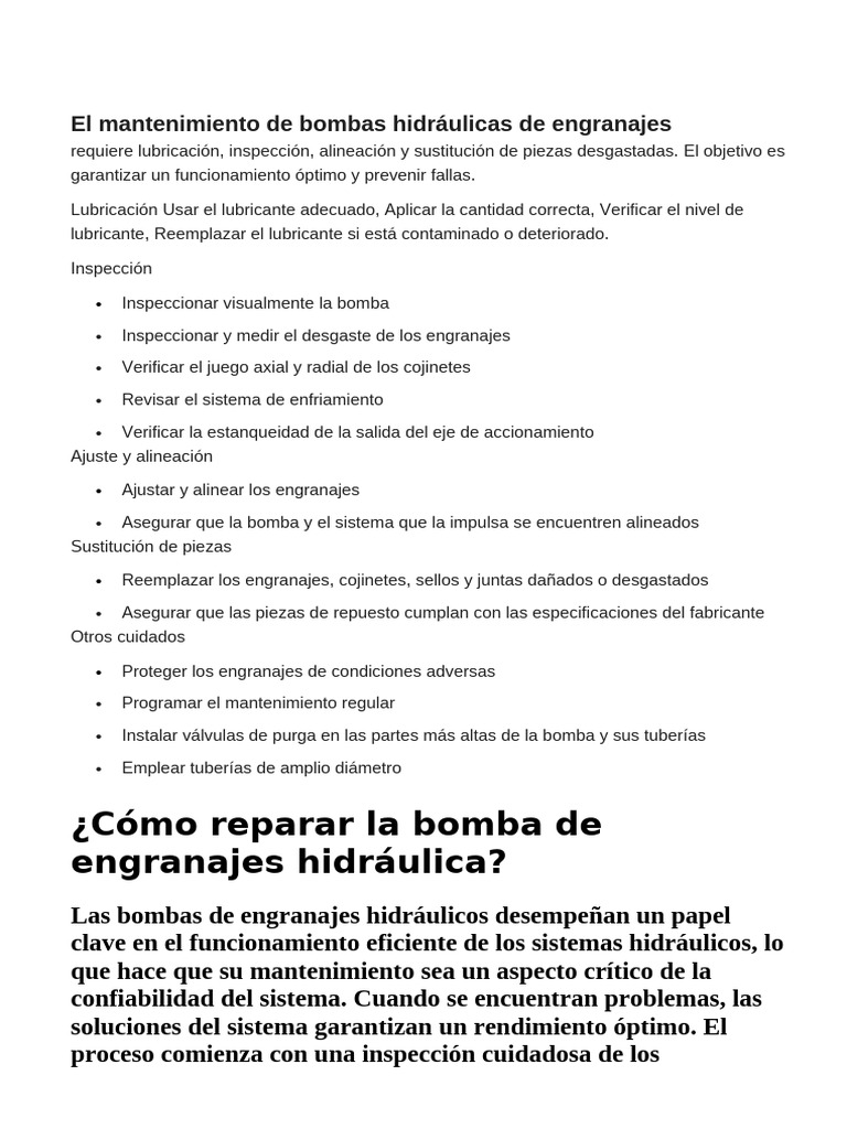El Mantenimiento de Bombas Hidráulicas | PDF | Engranaje | Rodamiento (Mecánico)