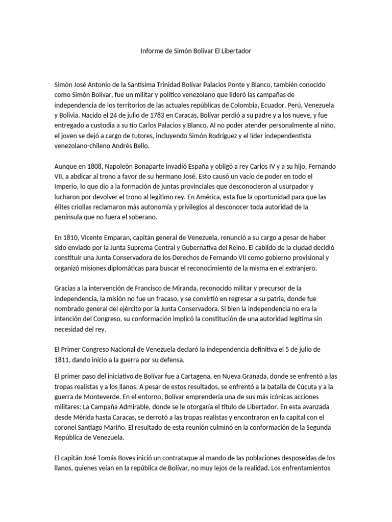 Informe de Simón Bolívar El Libertador | PDF