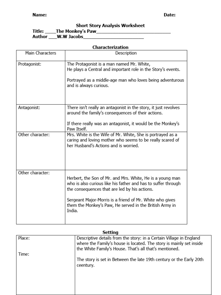 Short Story Analysis. The Monkey's Paw. | PDF | Narration