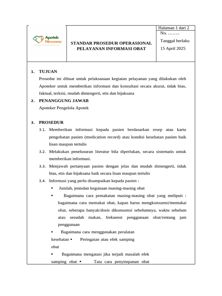 SOP Pelayanan Informasi Obat | PDF