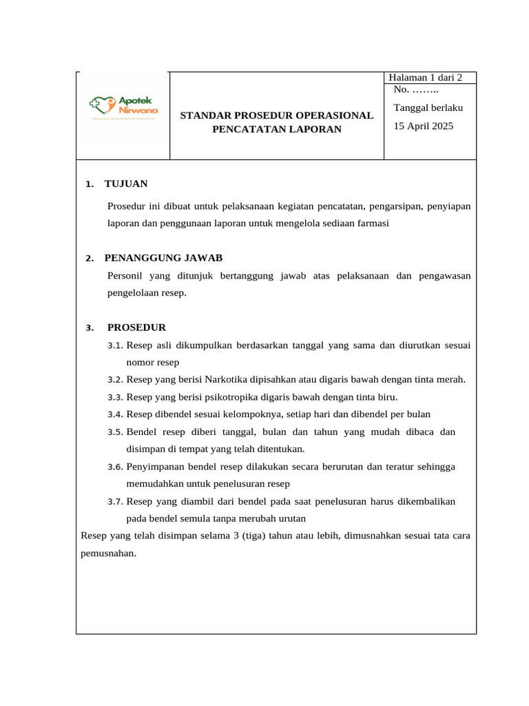 SOP Pencatatan Laporan | PDF