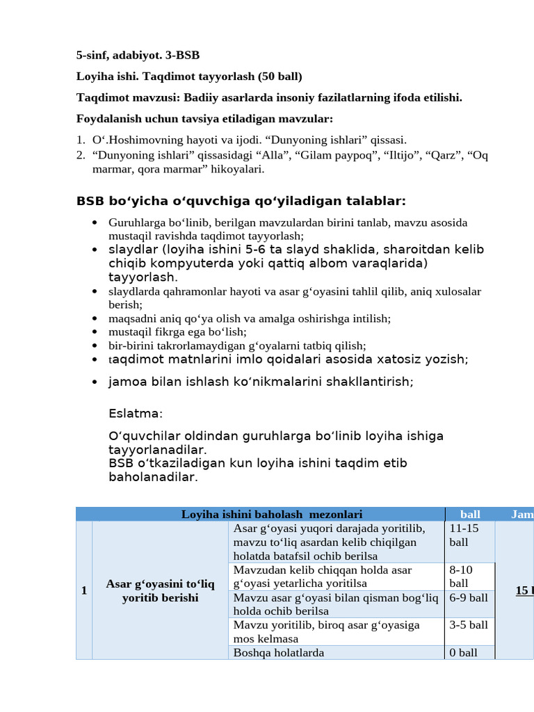 5-Sinf. Adabiyot. BSB-3 | PDF