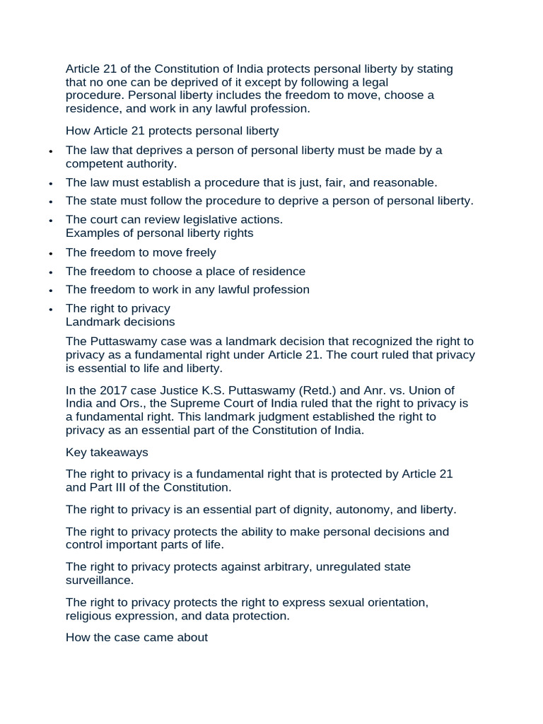 Article 21 of The Constitution of India Protects Personal Liberty by ...