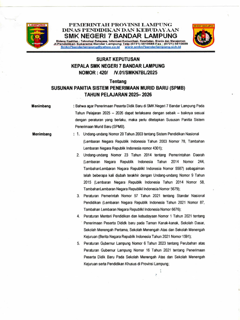 SK SPMB 2025.2026 SMK Negeri 7 Bandar LAmpung | PDF