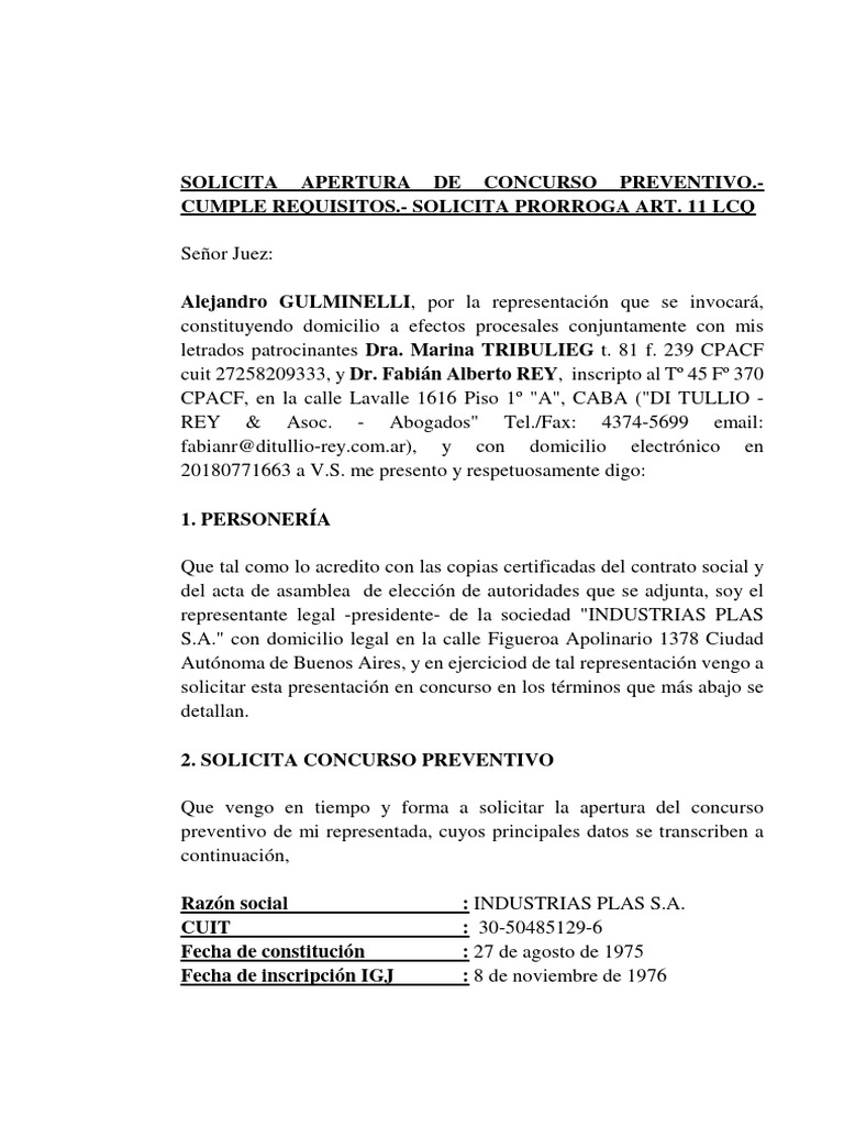 Solicita Apertura de Concurso Preventivo | PDF | Bancarrota | Insolvencia