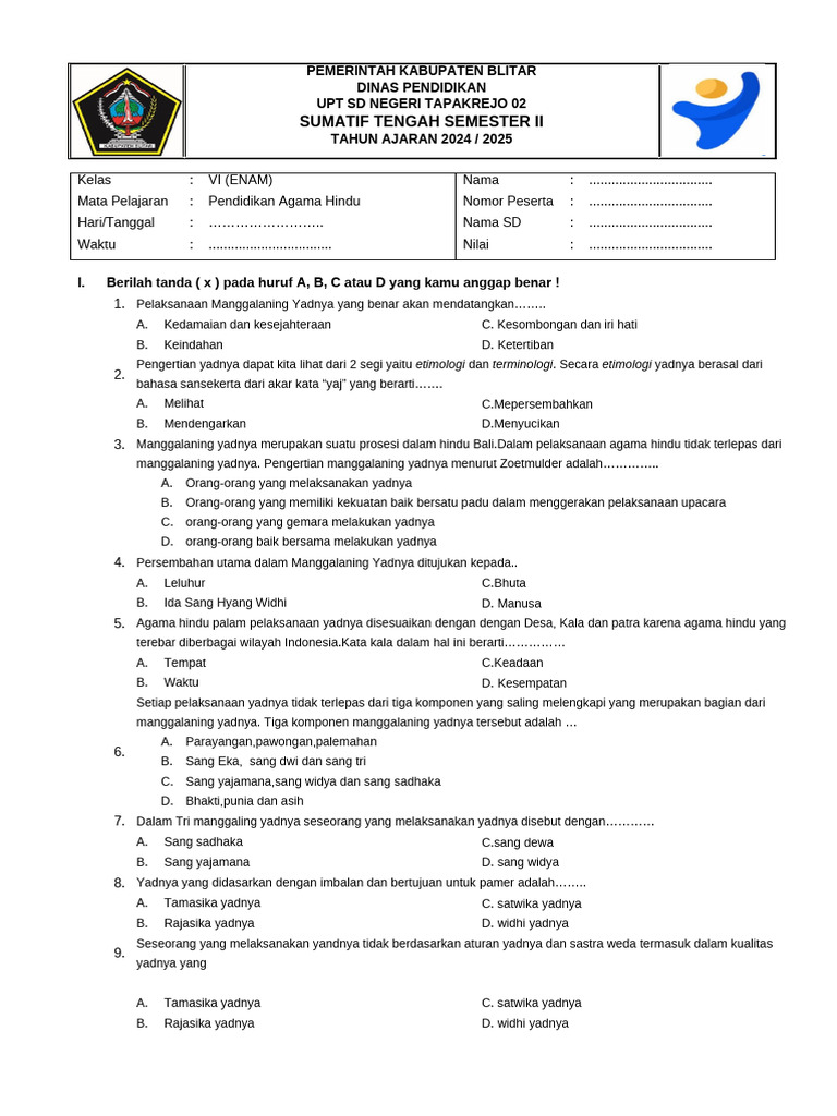 Naskah Soal PA Hindu Kls 6 STS Genap 2024-2025 | PDF