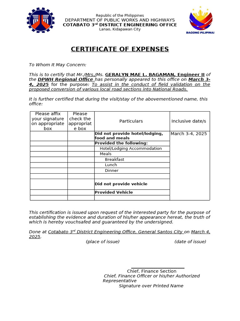 Certification of Expenses | PDF | Meal | Cuisine