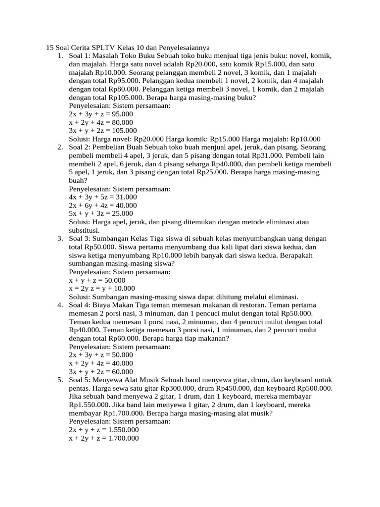 15 Soal Cerita SPLTV Kelas 10 Dan Penyelesaiannya | PDF