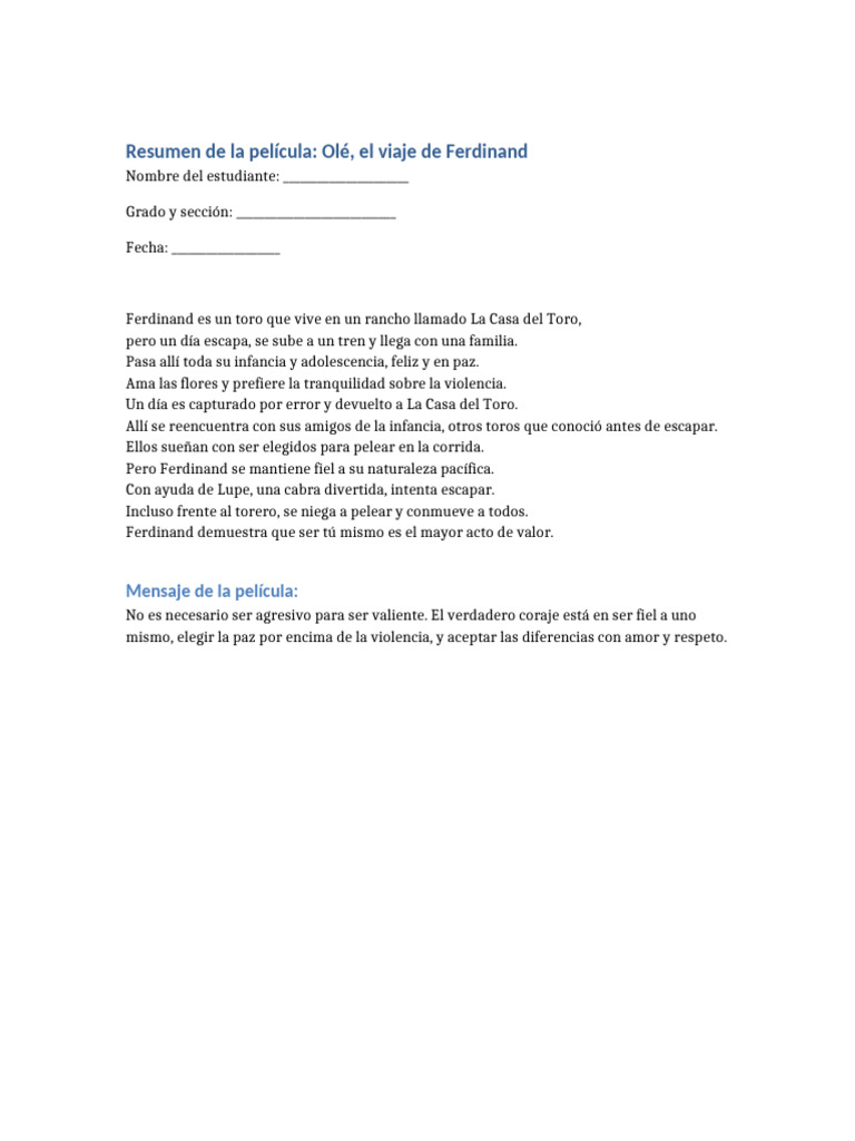 Resumen de "Olé, el viaje de Ferdinand" | PDF