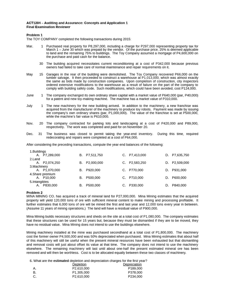 ACT1204 - Final Examination | PDF | Expense | Depreciation