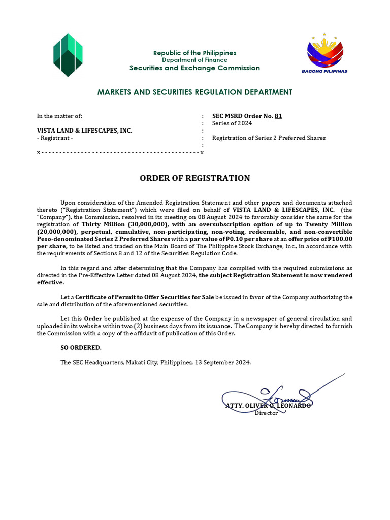 VLL Series 2 Preferred Shares Order of Registration 2024 | PDF ...