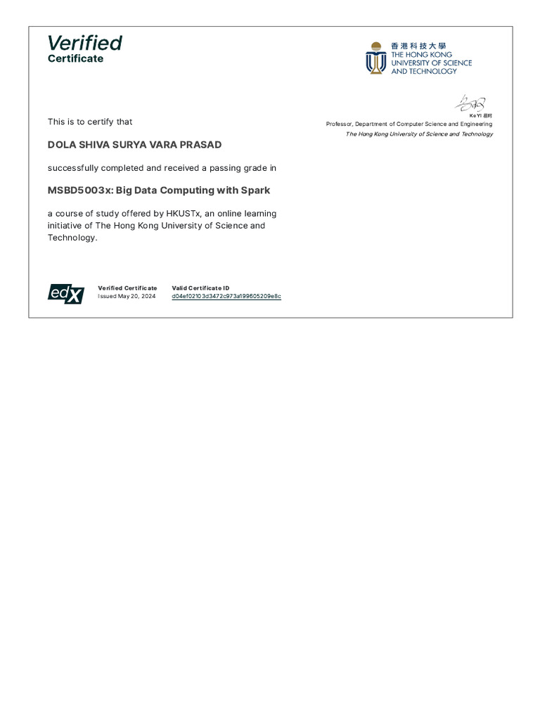 HKUSTx MSBD5003x Certificate - Edx | PDF