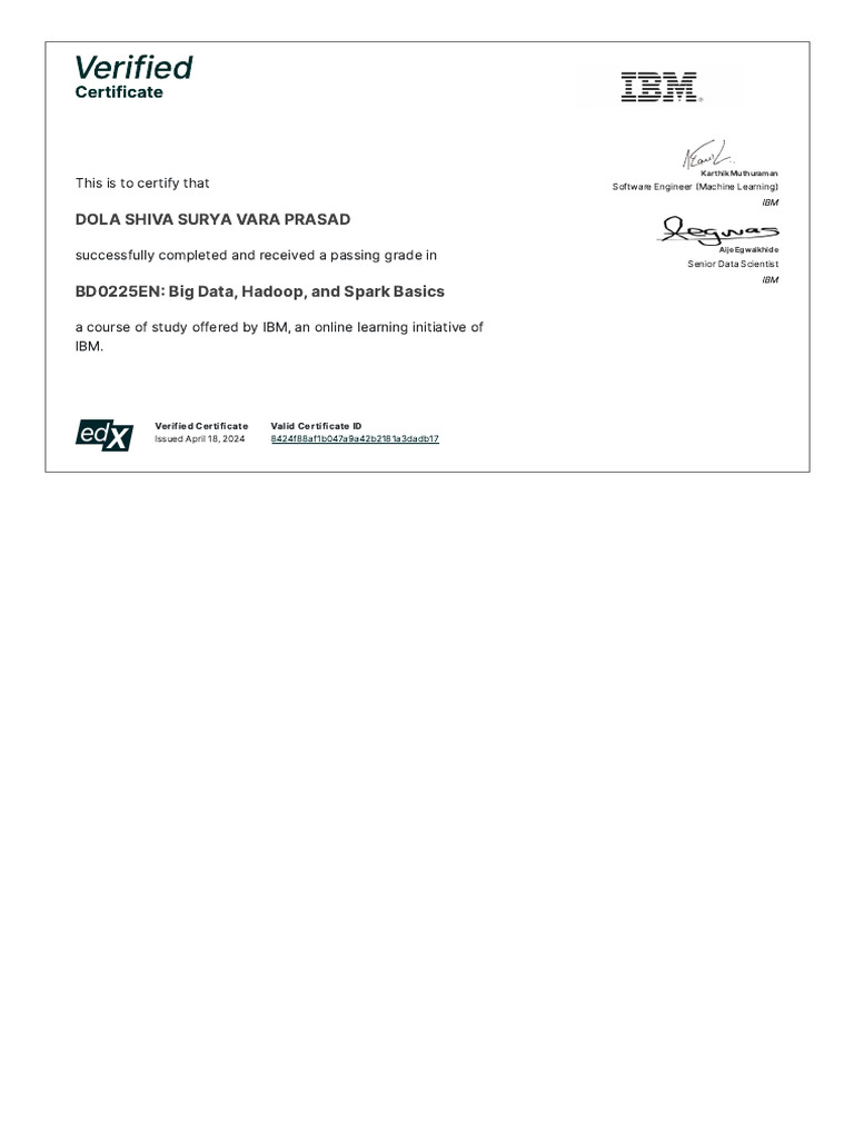 IBM BD0225EN Certificate - Edx | PDF