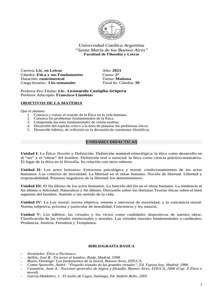 Etica y sus Fundamentos Letras 2023 (4) | PDF | Virtud | Moralidad