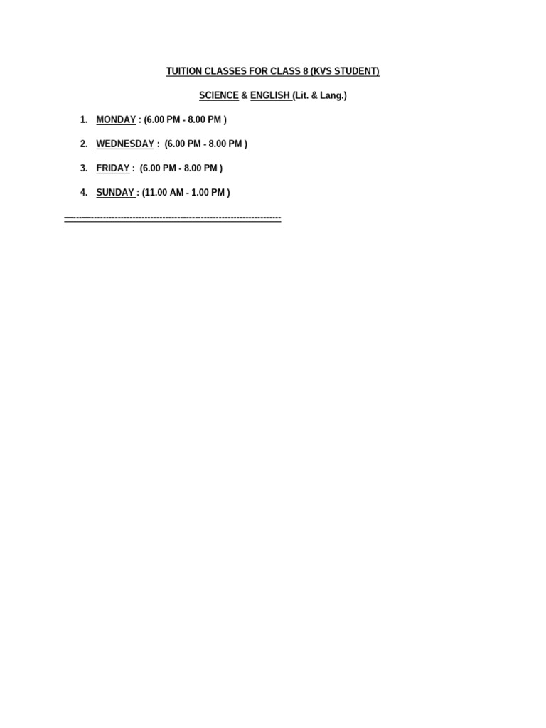 Time Table For Class 8 (KVS) | PDF