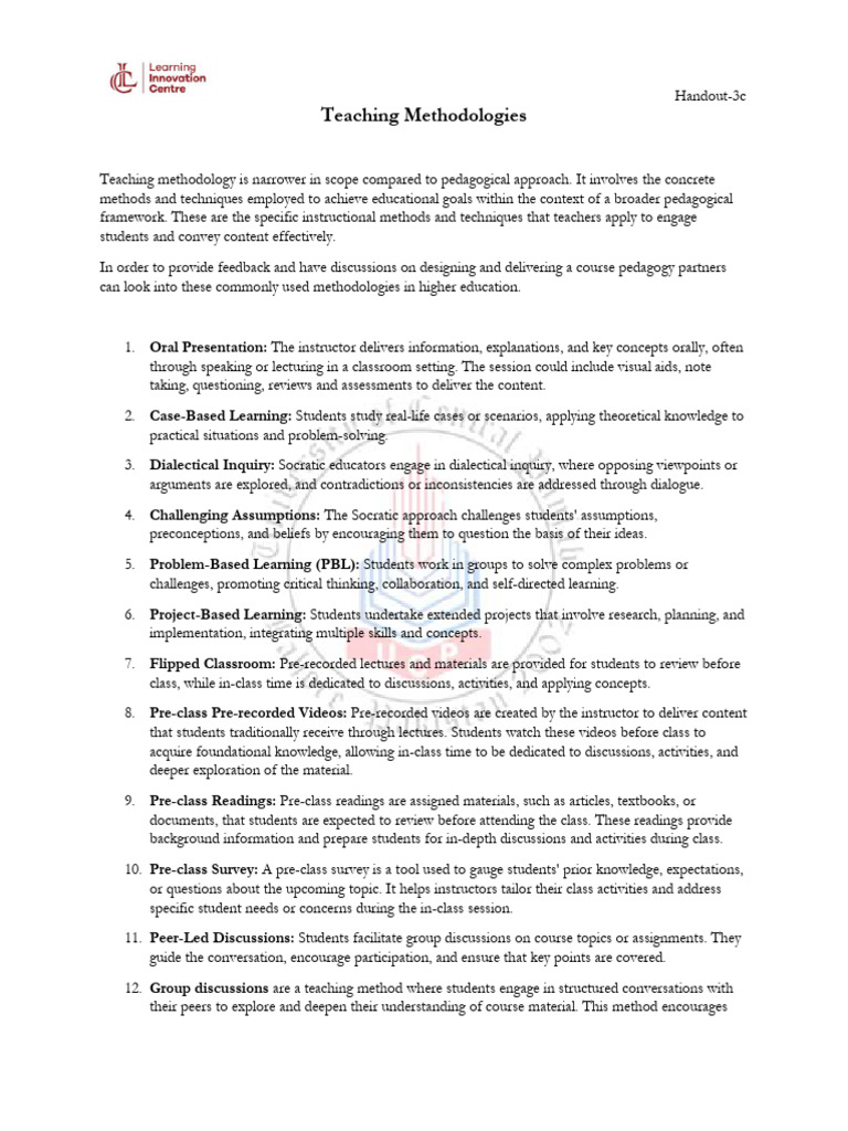 Handout 3c-Teaching Methodologies | PDF | Pedagogy | Teaching Method