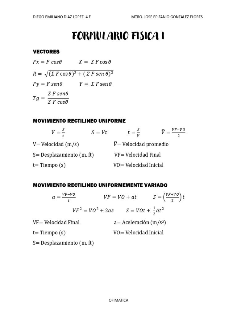 Fórmulas de Física: Vectores y Movimiento | PDF | Velocidad | Mecánica