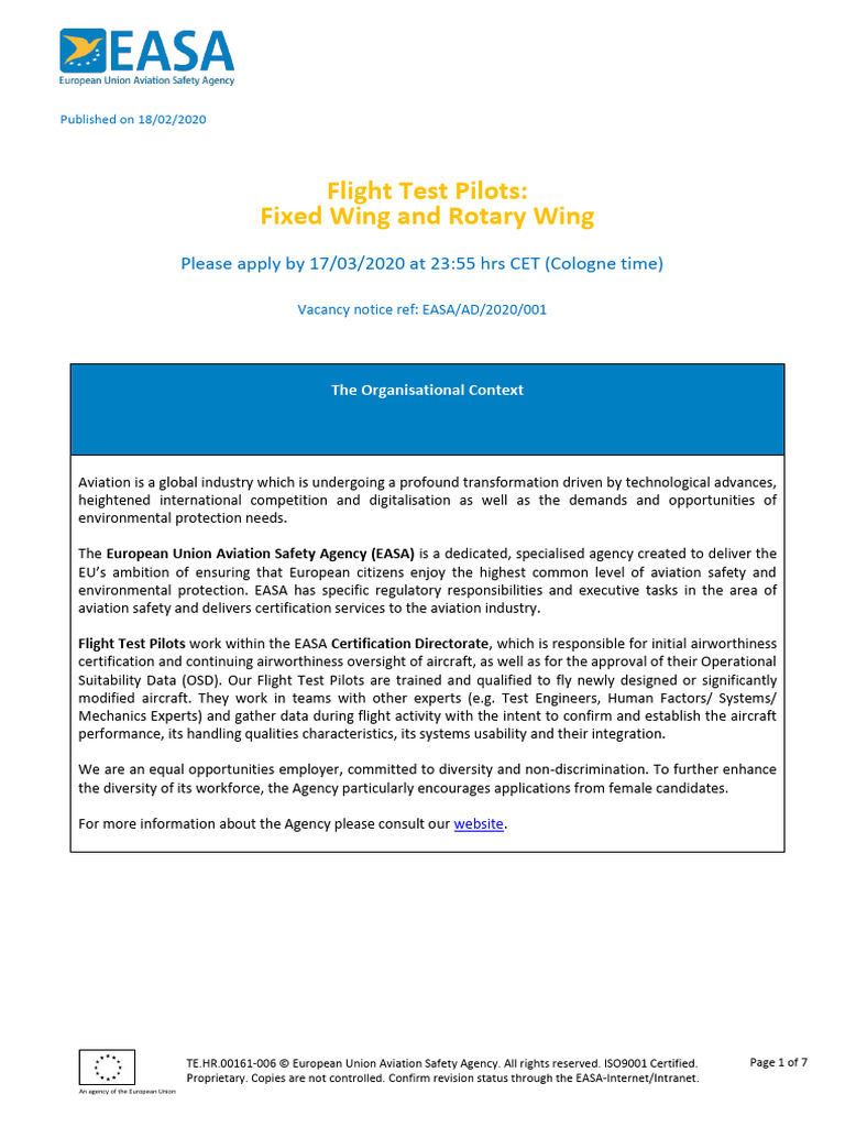 Vacancy-Easa Ad 2020 001 | PDF | Flight Test | European Union