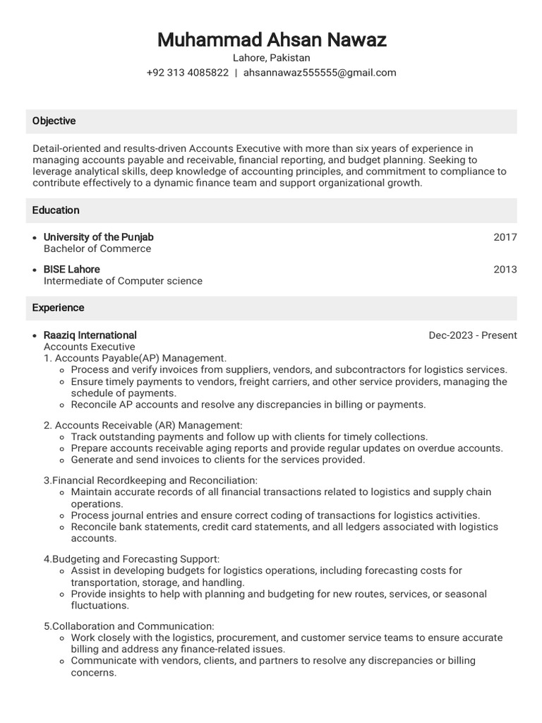Muhammad Ahsan Resume | PDF | Accounts Payable | Internal Control