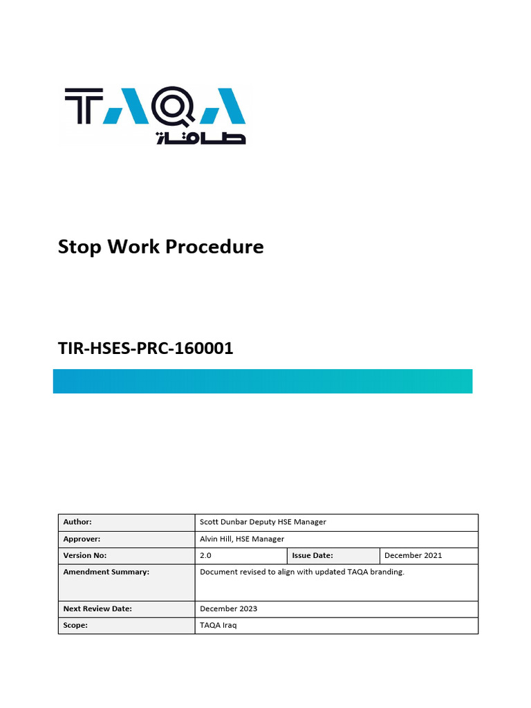 TAQA Iraq Stop Work Procedure Guide | PDF | Risk