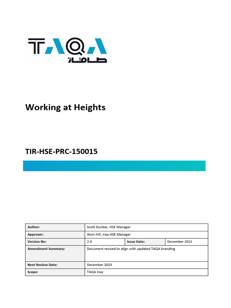 TIR-HSE-PRC-150015 Working at Heights | PDF | Occupational Safety And ...