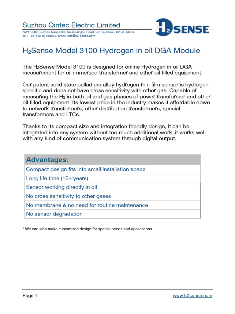 3100 Hydrogen DGA Module Datasheet EN 181024 | PDF | Sensor | Transformer