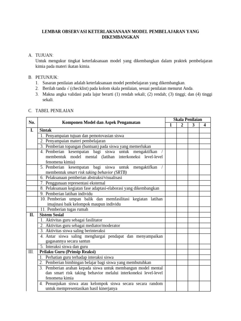 Lembar Observasi Keterlaksanaan Model Pembelajaran Yang Dikembangkan & Validasi | PDF