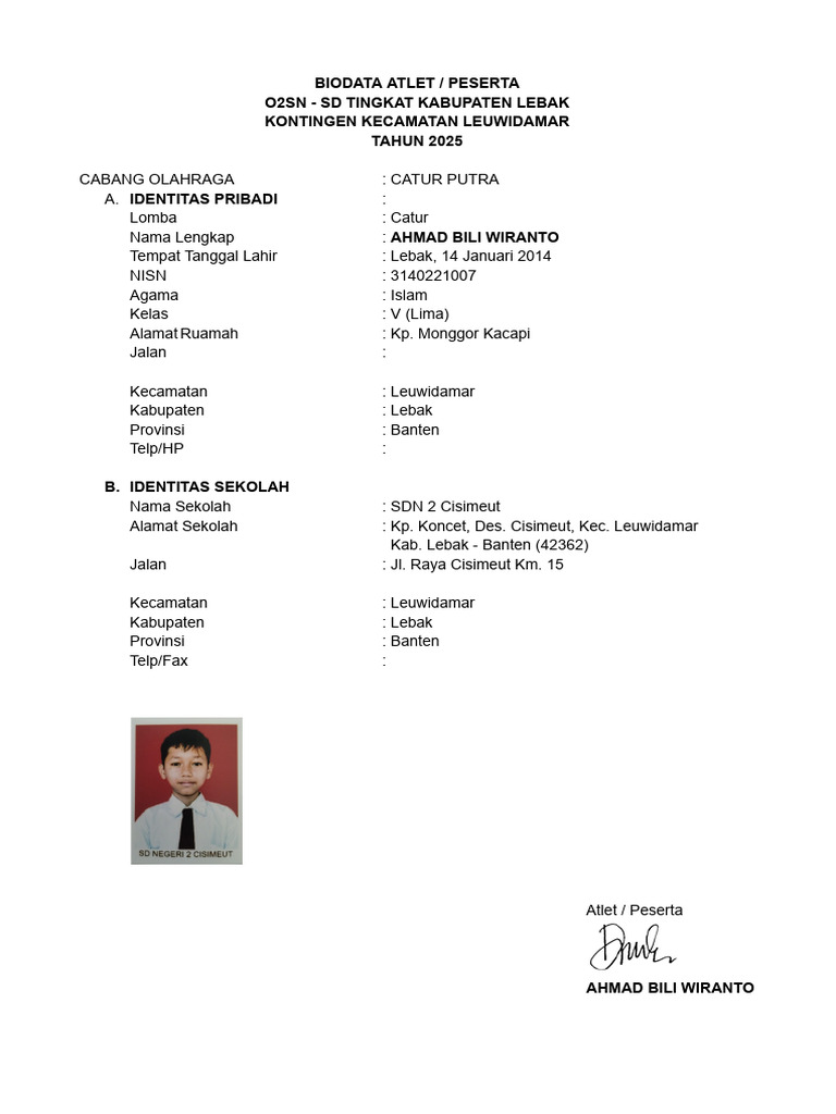 Biodata Atlet - Peserta | PDF