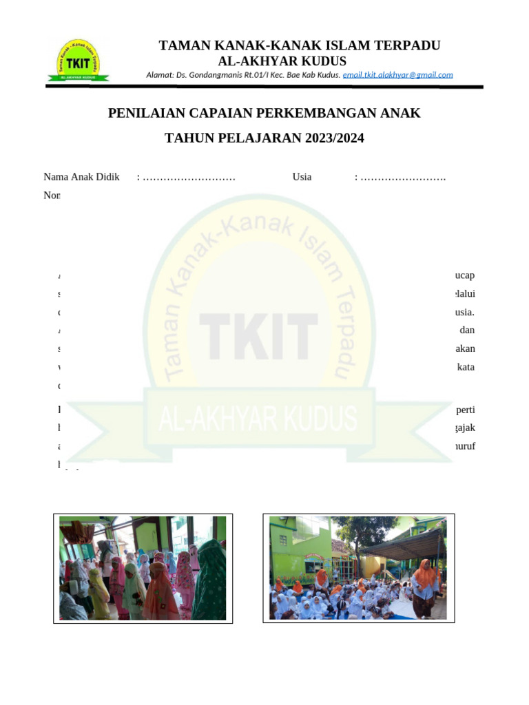 Contoh Raport TKIT TA 2023 - 2024 | PDF
