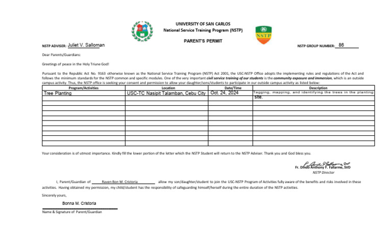PARENT'S PERMIT Group 86 | PDF