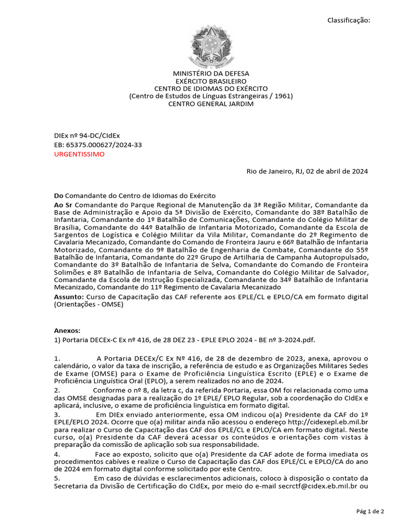 DIEx-94-DC - CIdEx Tratando Sobre Atividades | PDF | Batalhão | Regimento