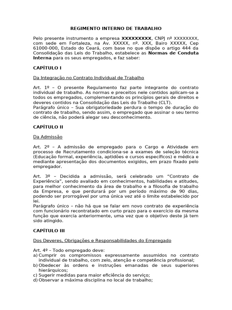 Regimento Interno de Trabalho (Modelo) | PDF | Férias trabalhistas ...