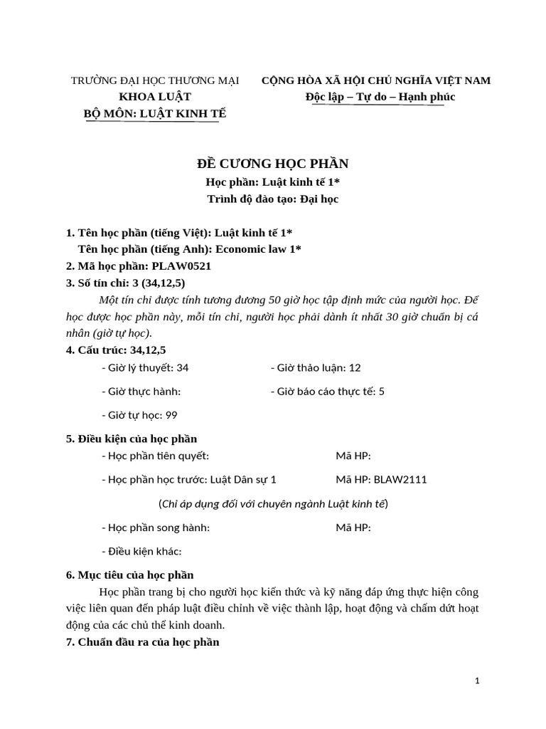 01.PLAW0521.Luật kinh tế 1 (BCTT) | PDF