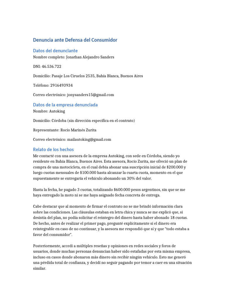 Denuncia Defensa Consumidor Jonathan | PDF | Los consumidores