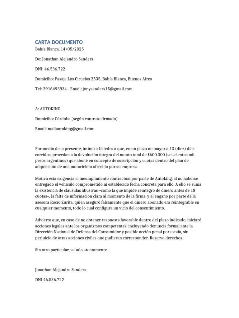Carta Documento Jonathan | PDF