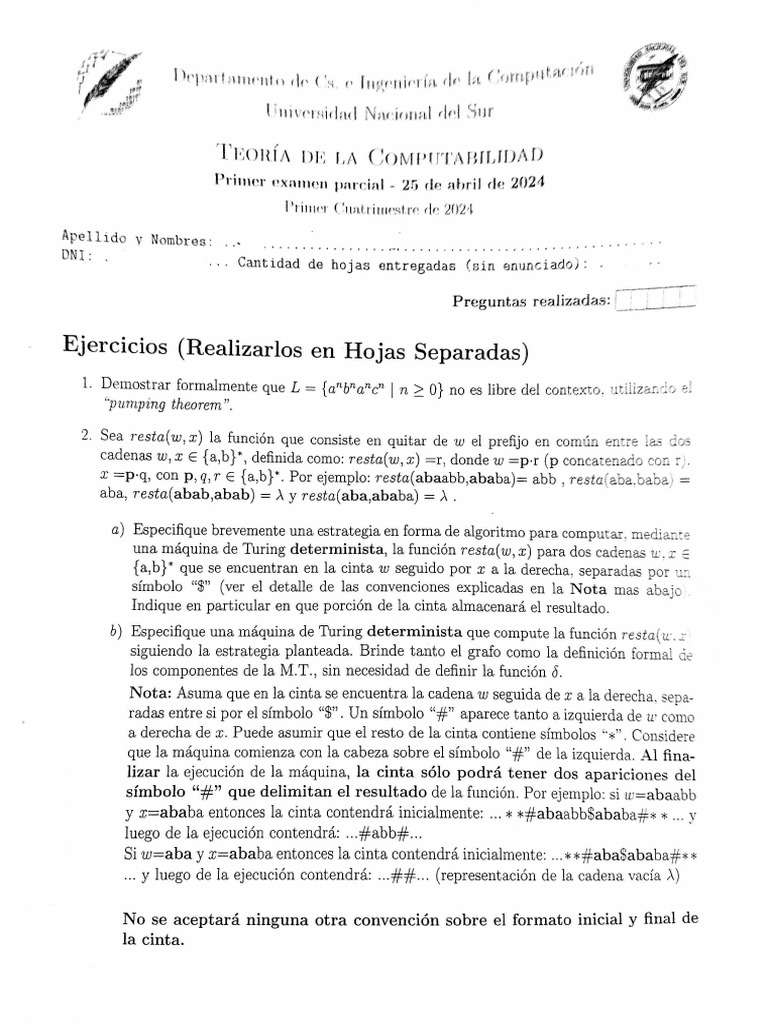 1 Parcial de Teoria de La Computabilidad | PDF