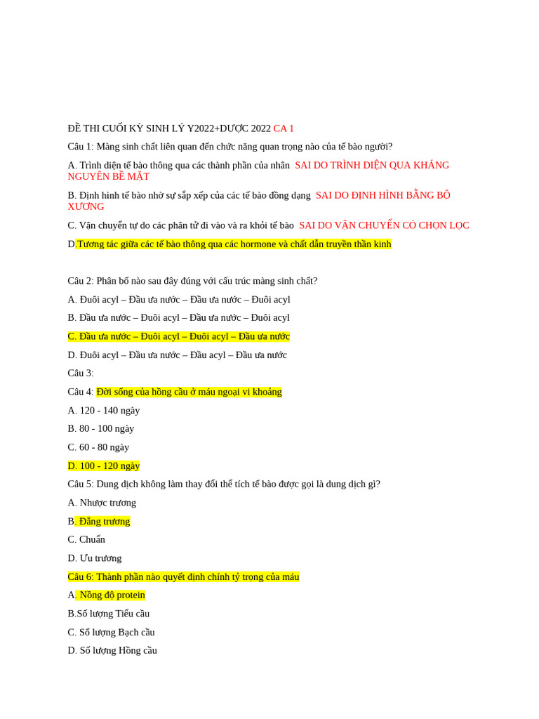ĐỀ THI CUỐI KỲ SINH LÝ Y2022 | PDF